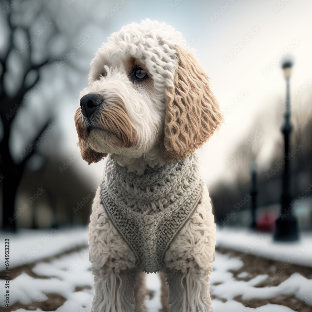 Dog walking activity. Dog breed cockapoo walking outdoor wearing ...