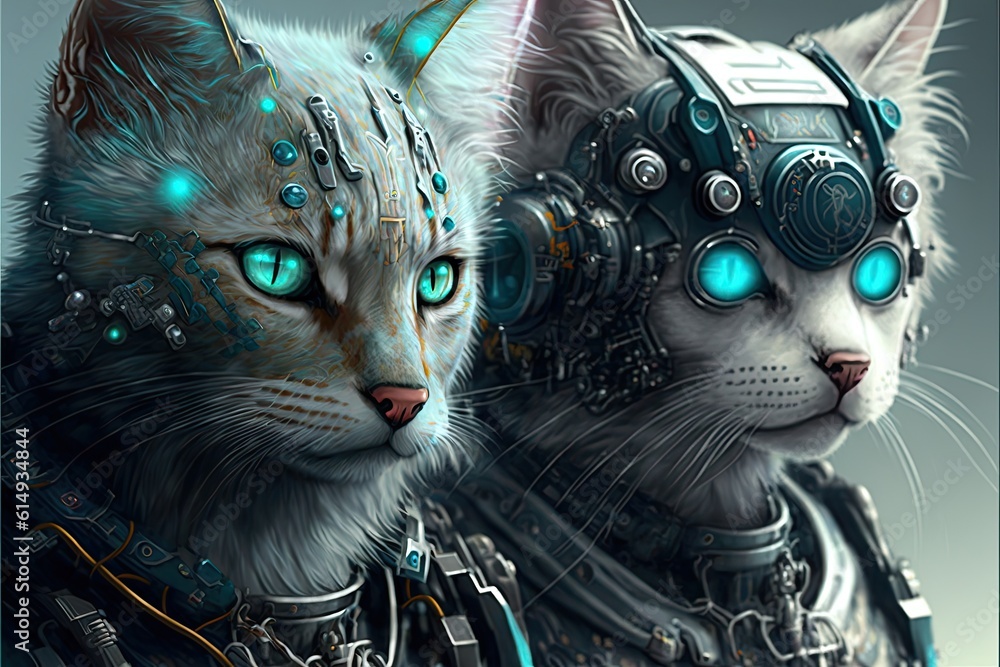 Anthropomorphic cyborg cats portrait. Sci-fi art. Stock Illustration ...