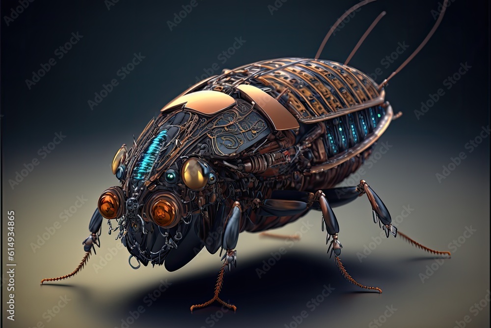 Mechanically modified cockroach. Sci-fi tech themed 3d illustration of ...