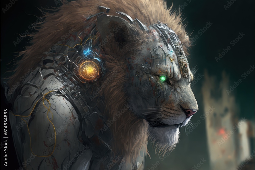 Modified lion with cybernetic implants. 3d portrait illustration ...