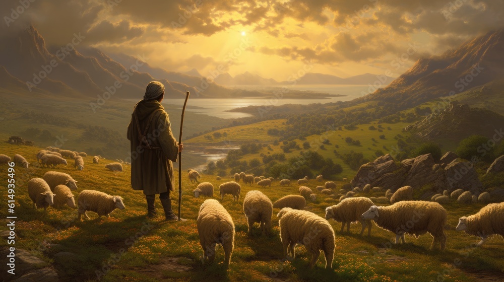 a shepherd guiding his flock of sheep generative ai Stock Illustration ...