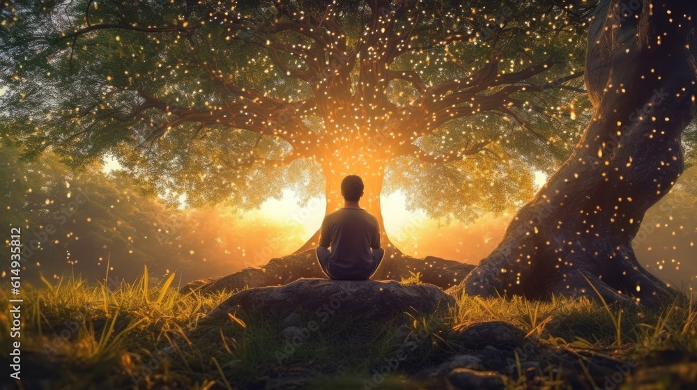 person sitting in a meditative pose under a tree generative ai Stock ...