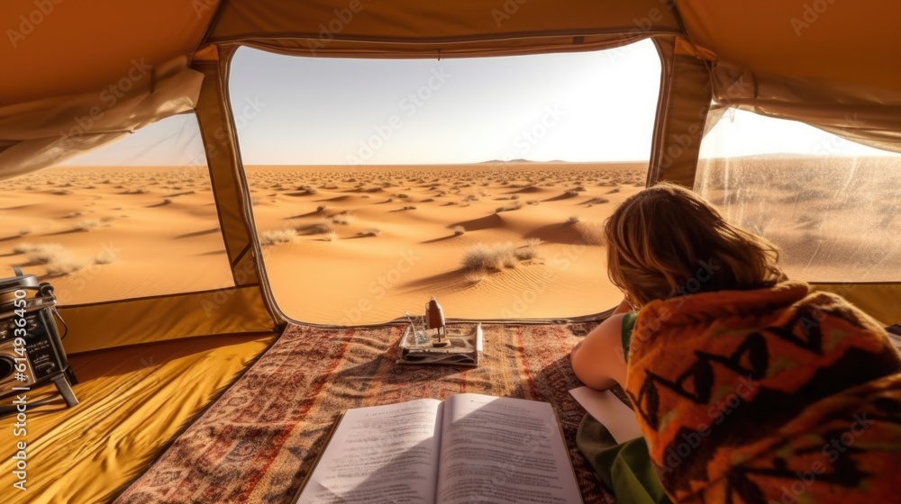 camper reading a map in the Sahara Desert generative ai Stock ...