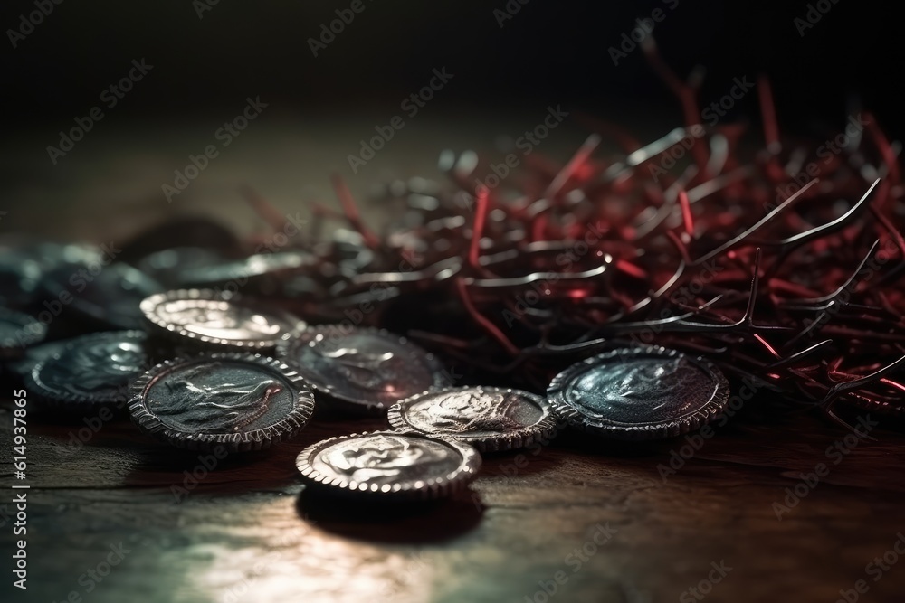 Judas 30 pieces of silver, sack thirty coins biblical symbol betrayal ...