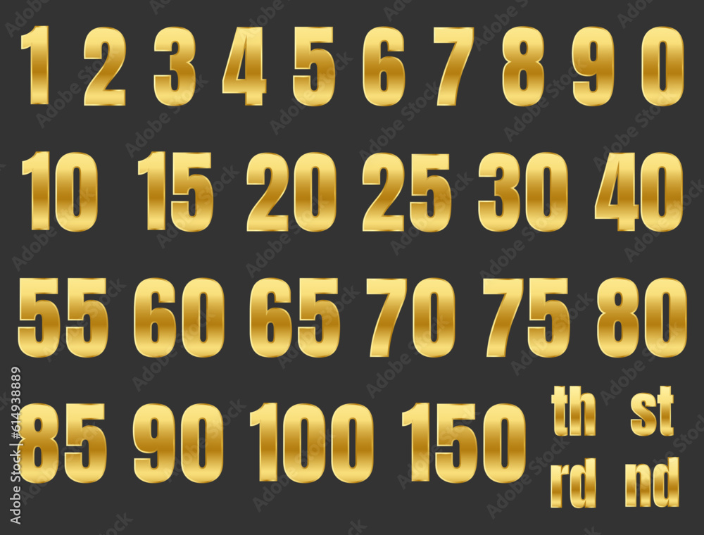 Gold Numerals Set. Golden Metallic Numbers From 1 To 0. The Most