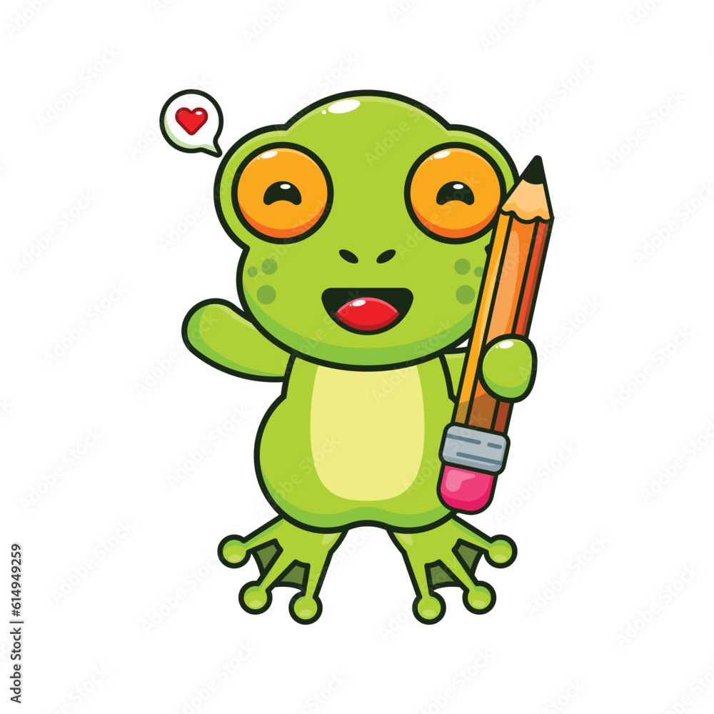 cute frog holding pencil cartoon vector illustration. Stock Vector ...