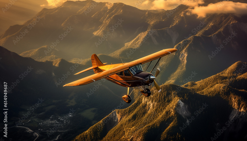 Flying high in the sky, an airplane soars over mountains generated by ...