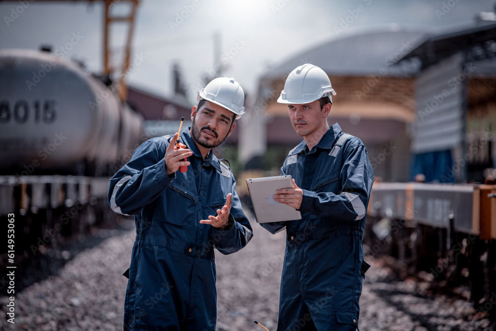 Engineer railway under inspection and checking construction railway ...