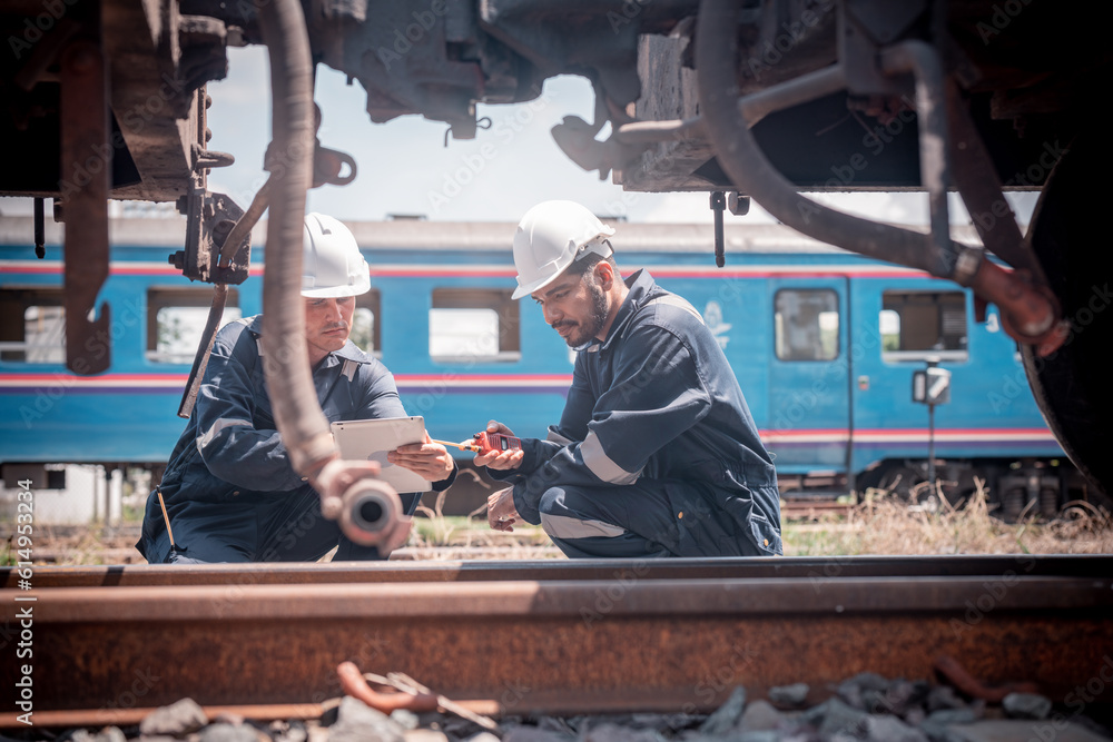 Engineer railway under inspection and checking construction railway ...