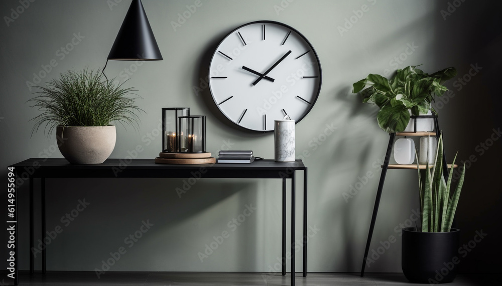 Modern office space with elegant design, old fashioned clock tells time ...