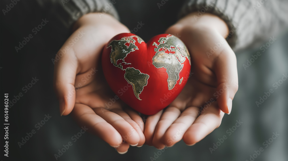 World heart day concept. Woman hands holding red heart with world map ...