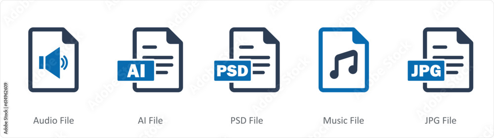 A set of 5 Document icons as audio file, ai file, psd file Stock 벡터 ...
