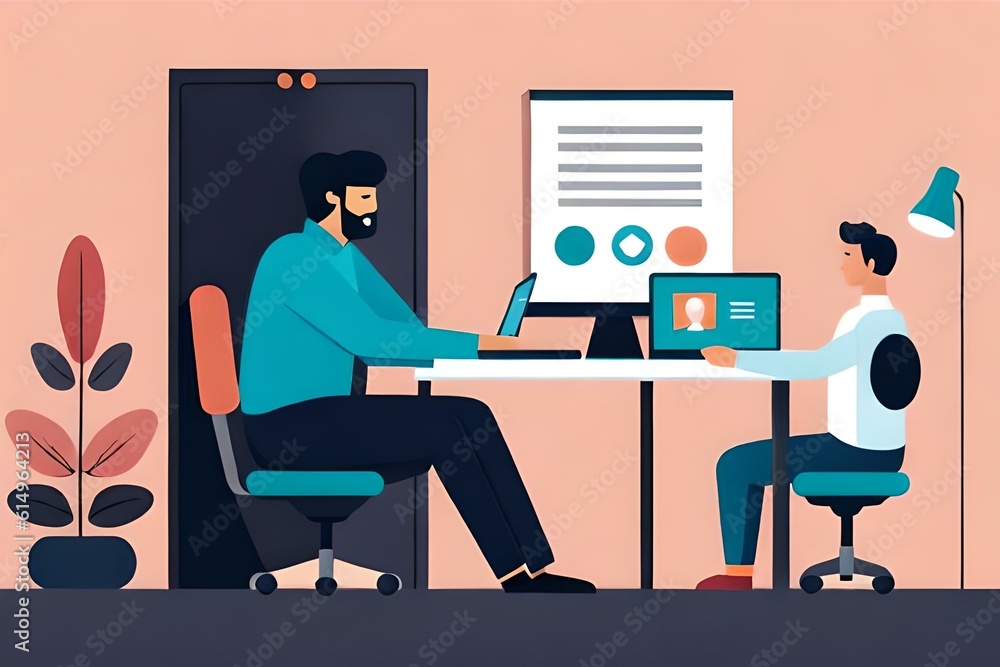 a flat illustration of a person working on a computer, with a ...