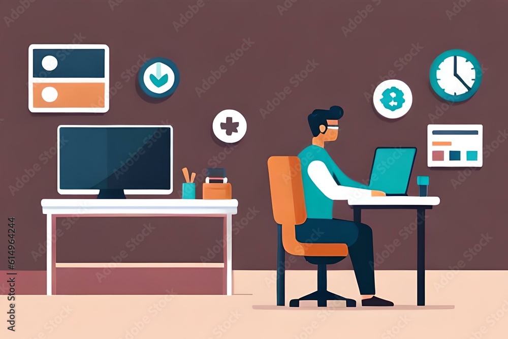 a person working on a computer, with a minimalist UI/UX design ...