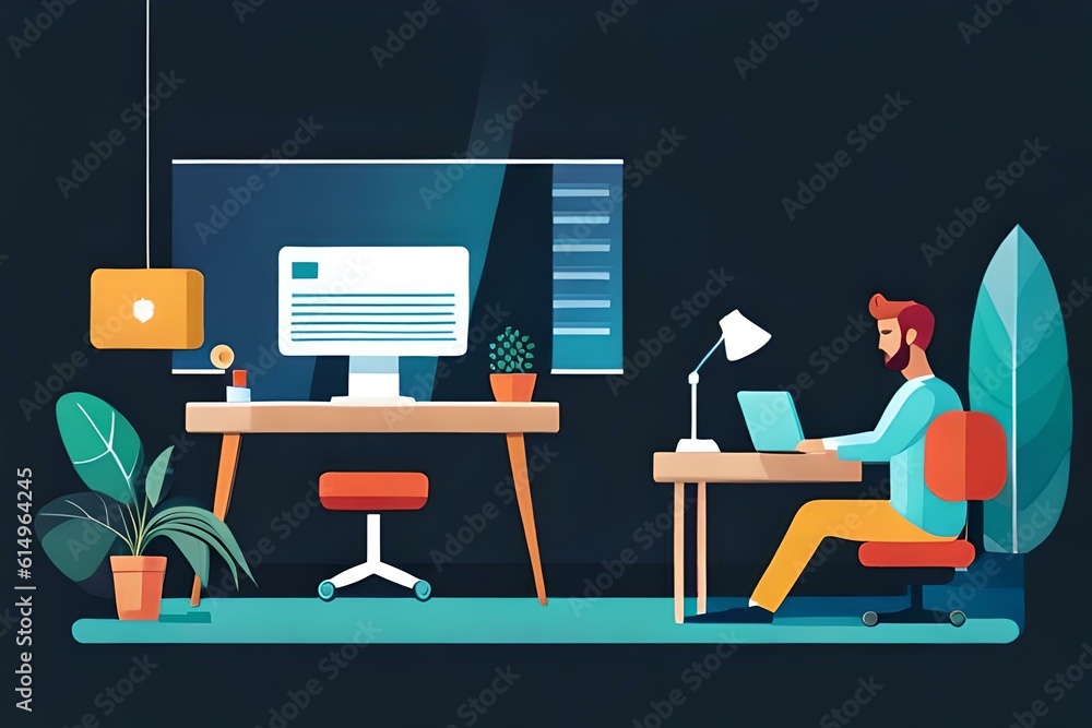a flat illustration of a person working on a computer, with a ...