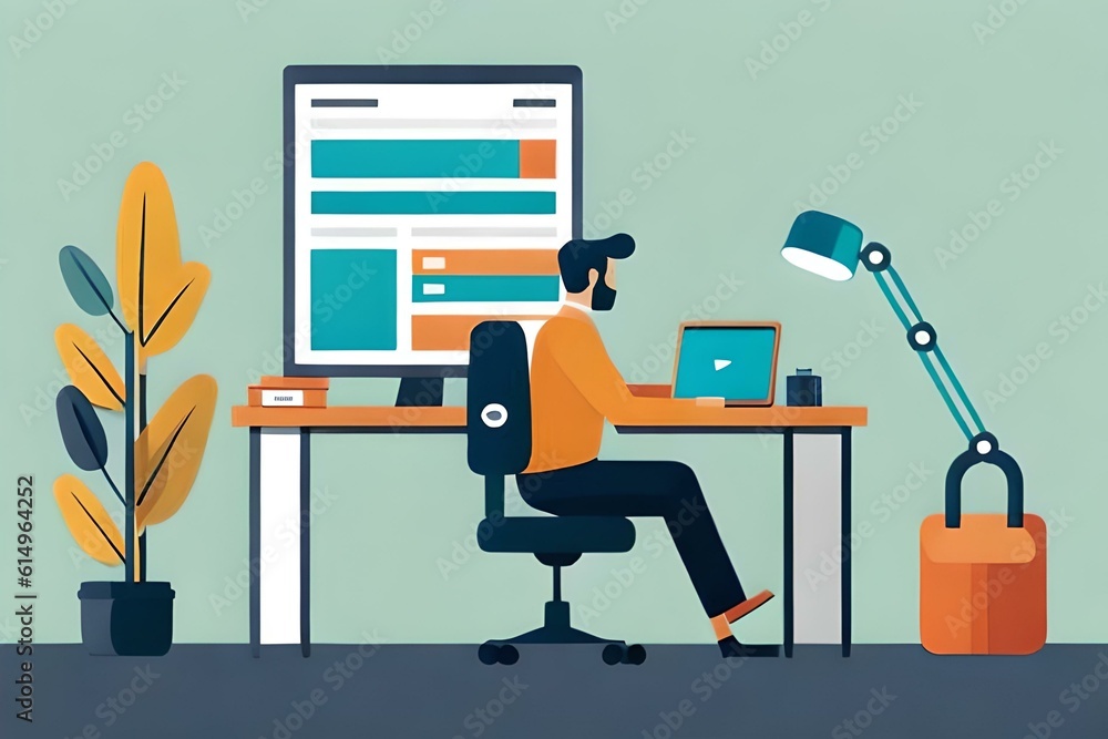 a flat illustration of a person working on a computer, with a ...