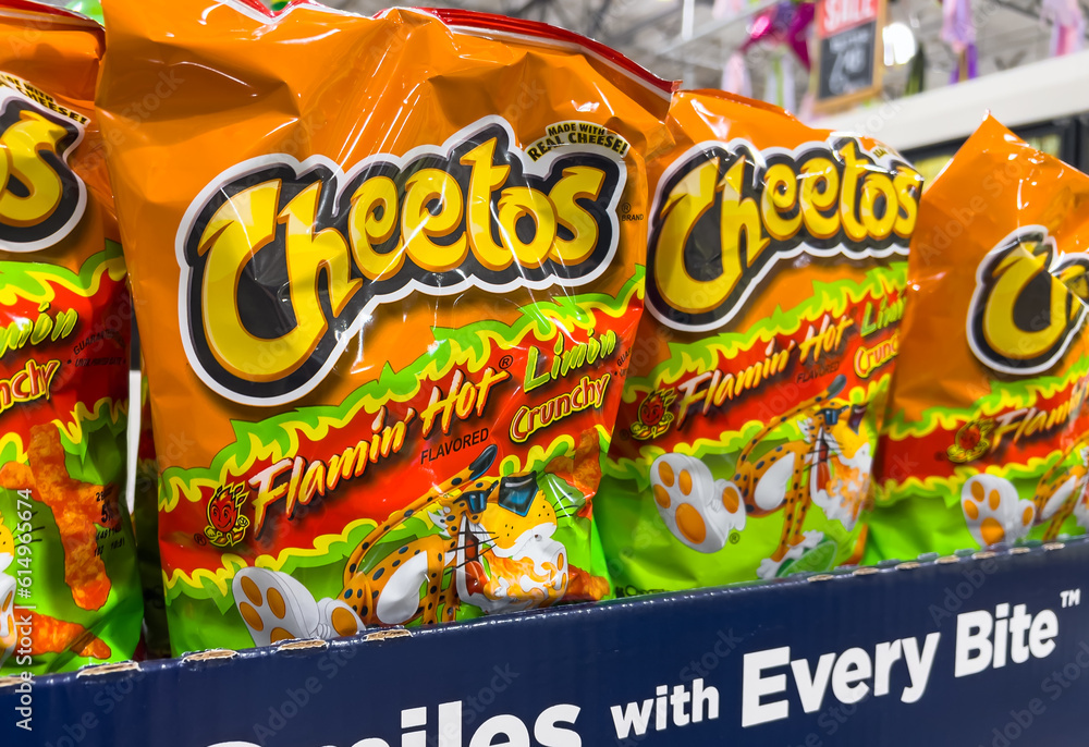 Los Angeles, CA, USA June 18 2023 Bags of Cheetos Flamin' hot brand ...