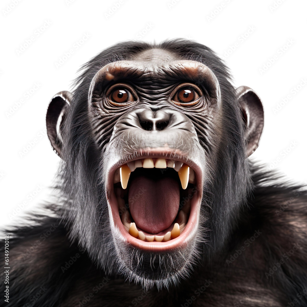 front view of ferocious looking Chimpanzee animal looking at the camera ...