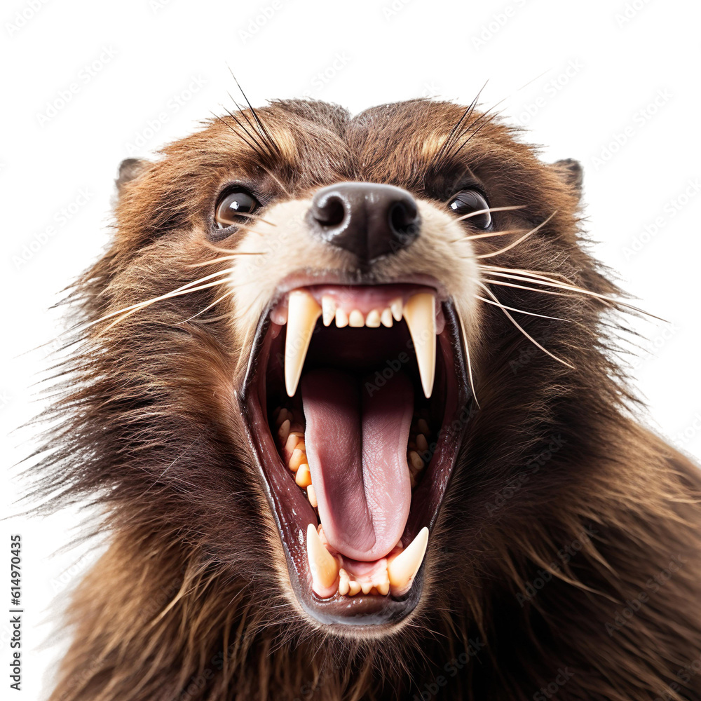 front view of ferocious looking Wolverine animal looking at the camera ...