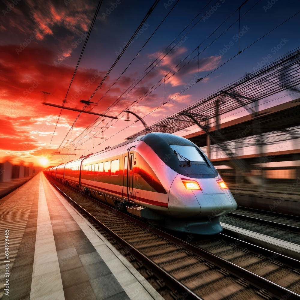 High speed train in motion on the railway station at sunset. Fast ...