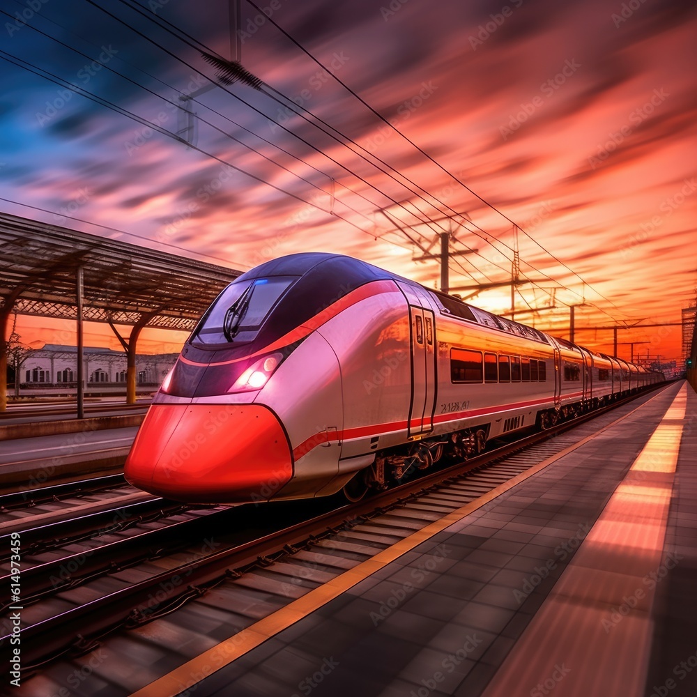 High speed train in motion on the railway station at sunset. Fast ...
