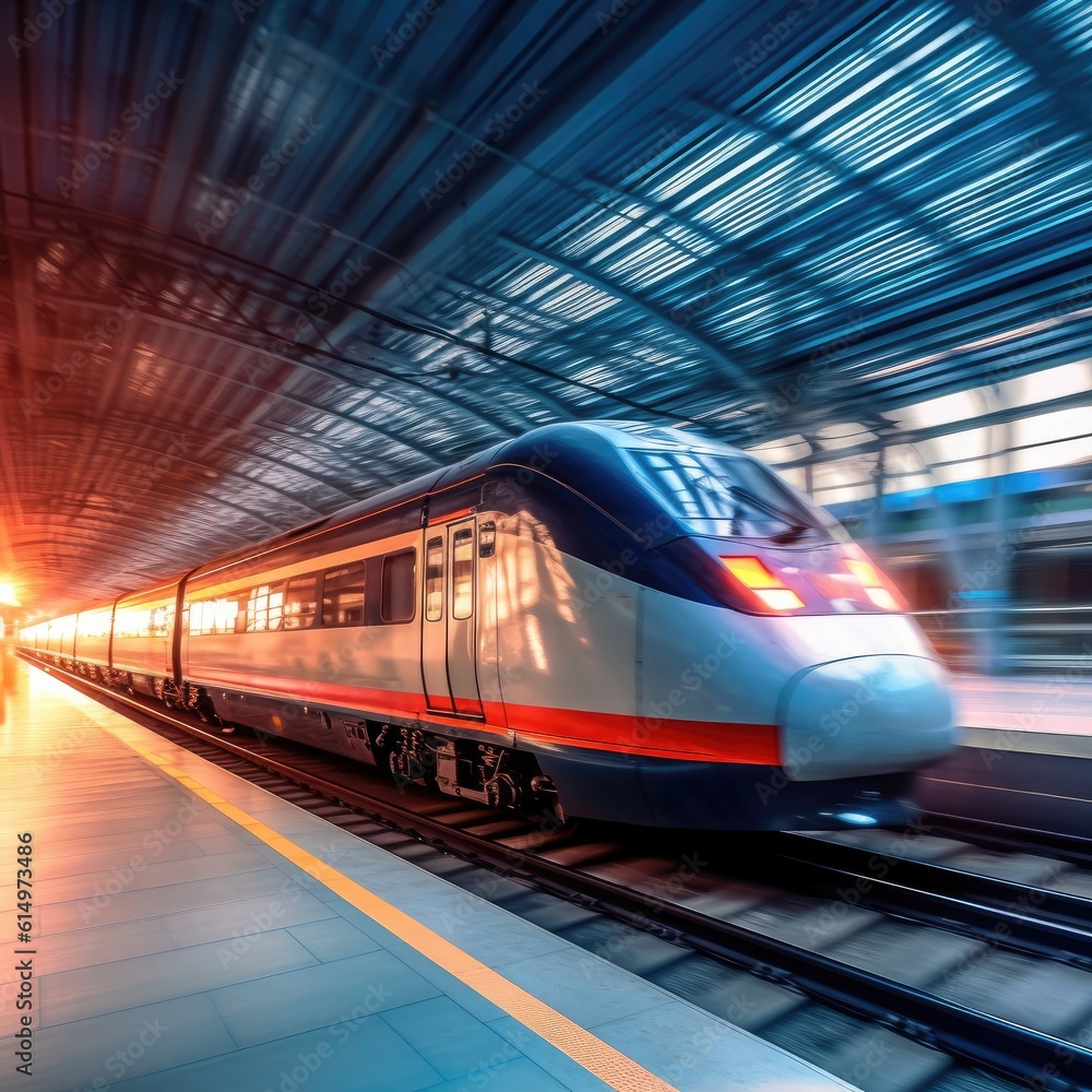 High speed train in motion on the railway station at sunset. Fast ...