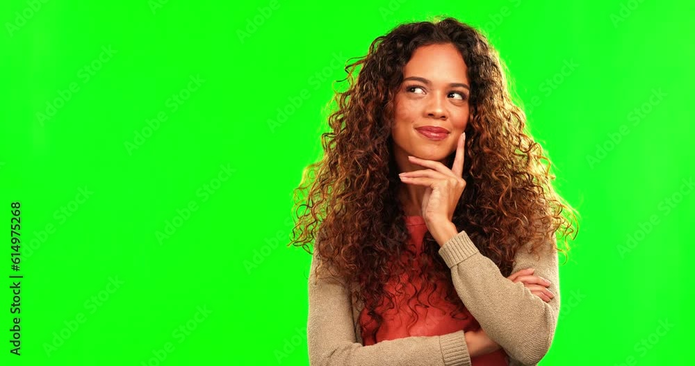 Idea thinking, green screen and happy woman planning, strategy plan or ...