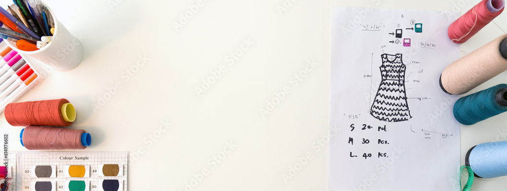 Pattern for cloth, silk thread color sample catalog, tape measure and ...