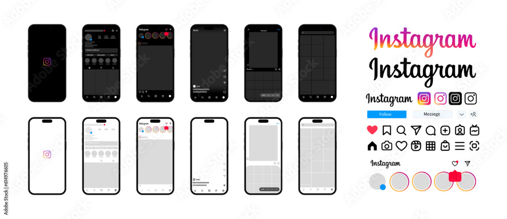 Instagram. Set instagram screen social media and social network ...
