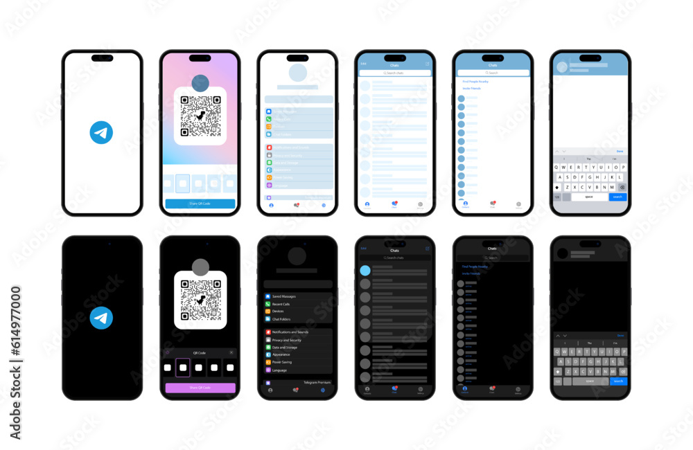 Vetor de Telegram app for iphone. Application theme. Dark and light ...
