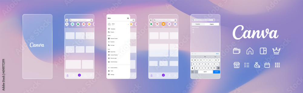 Canva. Set Canva screen social media and social network interface ...