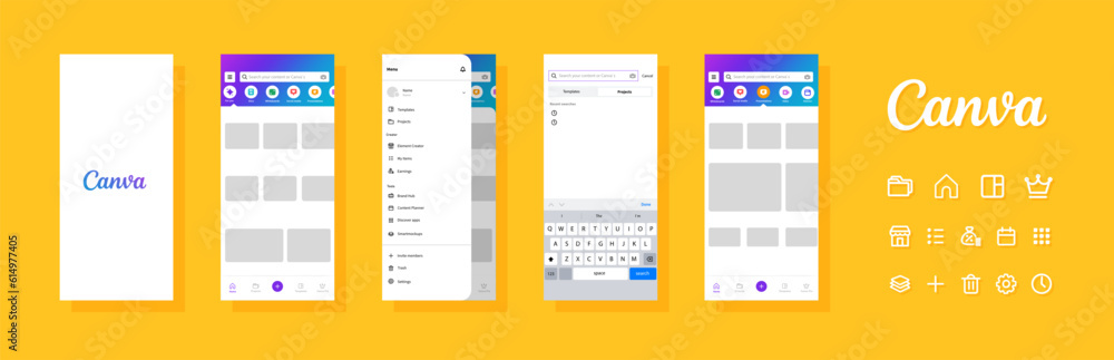Vecteur Stock Canva app. Canva mockup. Light app theme. An example user interface for a social ...
