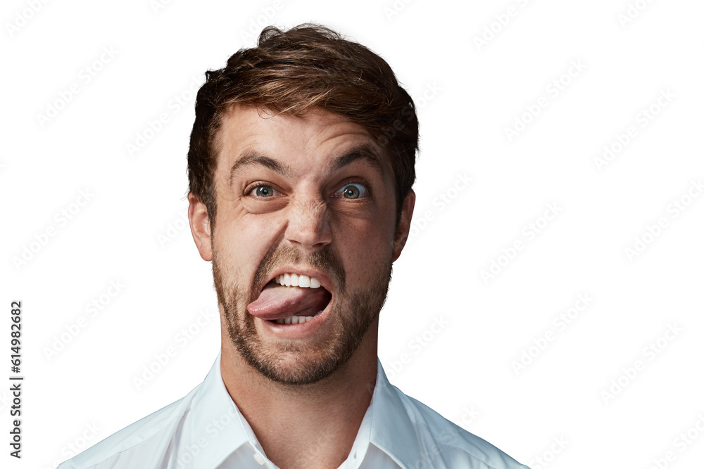 Silly man, face and portrait with tongue out for funny humor isolated ...