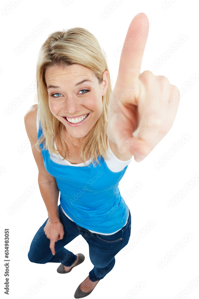 Excited, pointing up and woman portrait with a smile isolated on a ...
