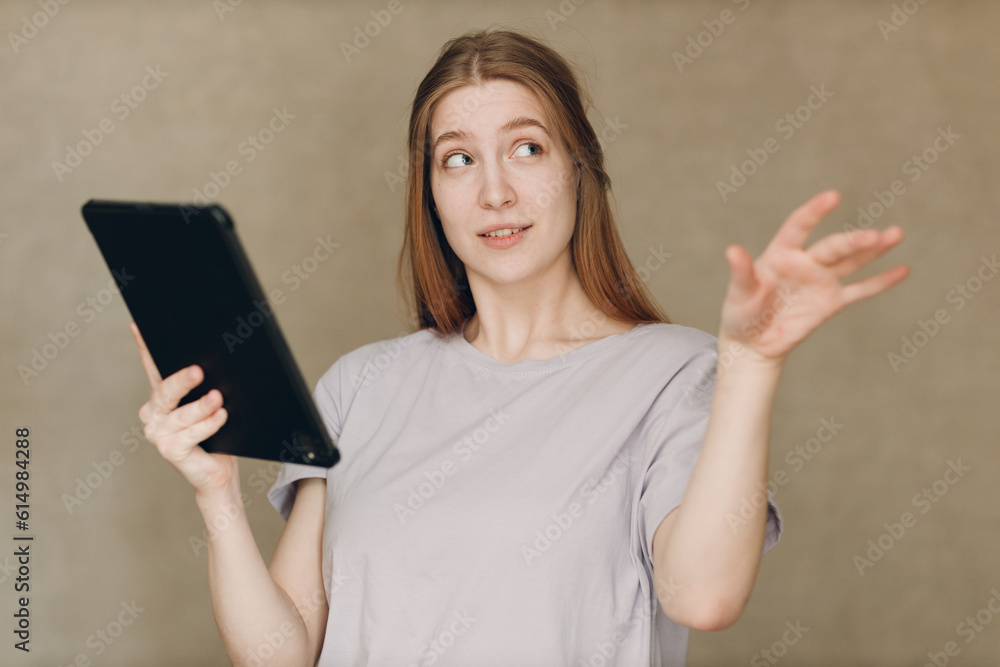 Portrait of young student actress learning role woman with digital ...