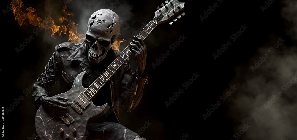 Captivating skeleton rocker shredding an electric guitar, evoking ...