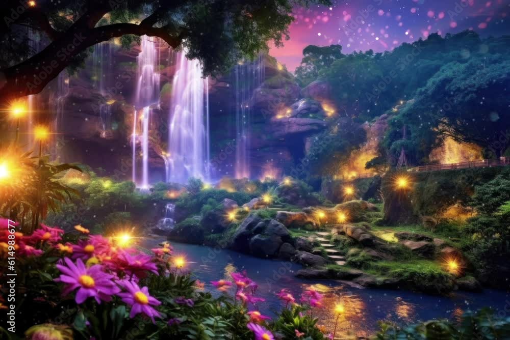 Glowing fireflies illuminating a hidden fairytale garden at dusk, with ...