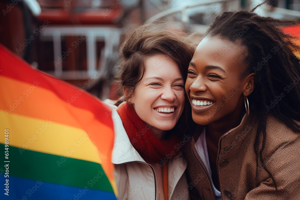 International generative ai lesbian couple in a boat in Amsterdam ...