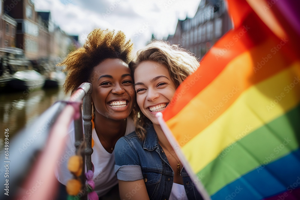 International generative ai lesbian couple in a boat in Amsterdam ...