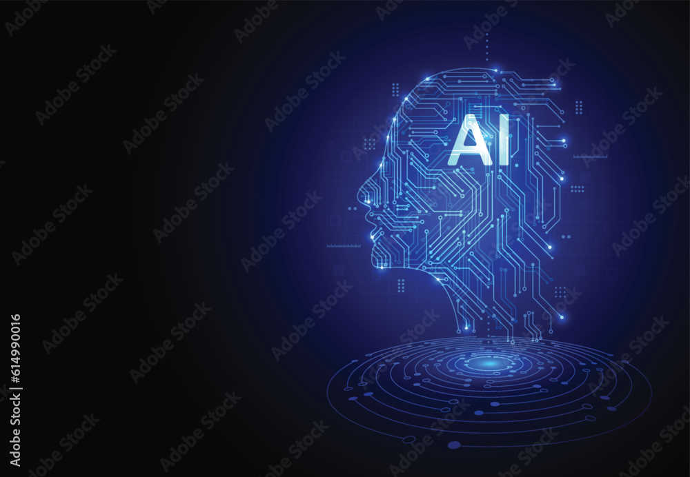 Artificial intelligence brain human head chipset on circuit board in futuristic concept ...