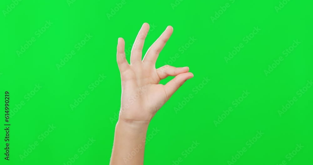 Closeup, perfect and hand with okay, green screen and support against a ...