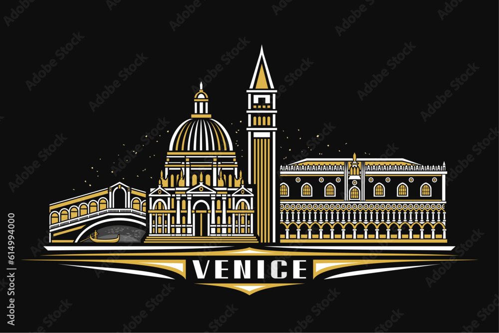 Vector illustration of Venice, black horizontal card with linear design ...