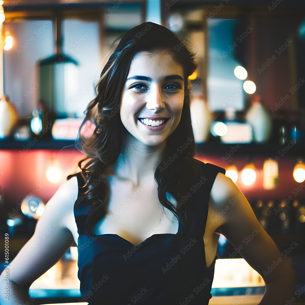 Happy smiling beautiful young waitress in a bar. (AI-generated ...
