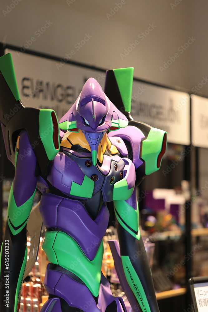 Tokyo - May 2 2023: the neon genesis evangelion display at small worlds ...