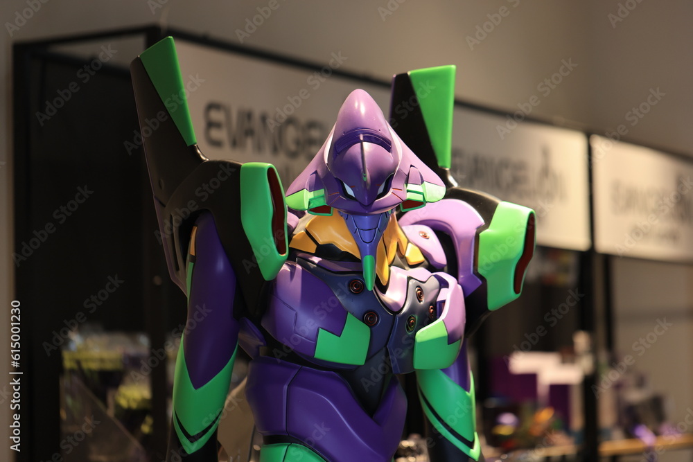 Tokyo - May 2 2023: the neon genesis evangelion display at small worlds ...