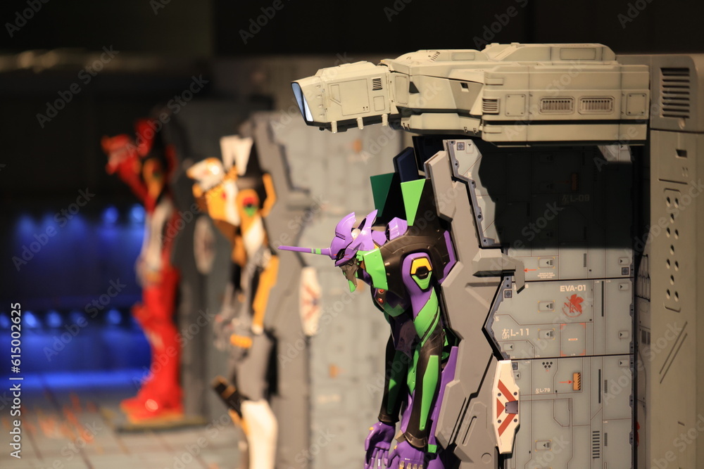 Tokyo - May 2 2023: the neon genesis evangelion display at small worlds ...