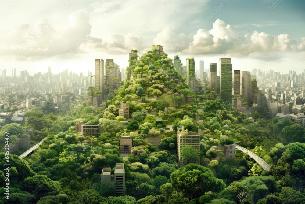 Image Of City Skyline Transforming Into Green Cityscape, Showcasing The ...