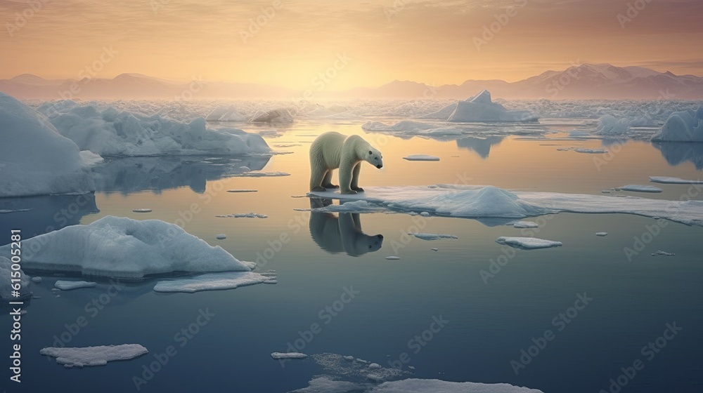 Melting Horizons: A polar bear on a shrinking ice floe against a ...