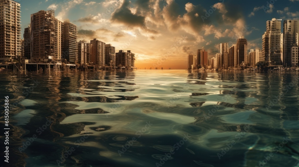 Drowning Cities: Urban areas submerged in rising sea levels, portraying ...