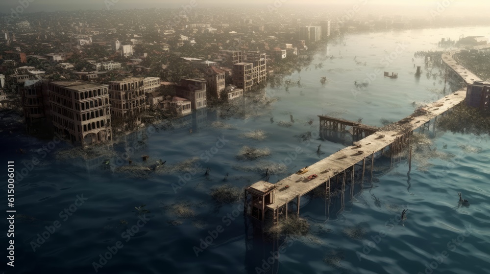 Drowning Cities: Urban areas submerged in rising sea levels, portraying ...